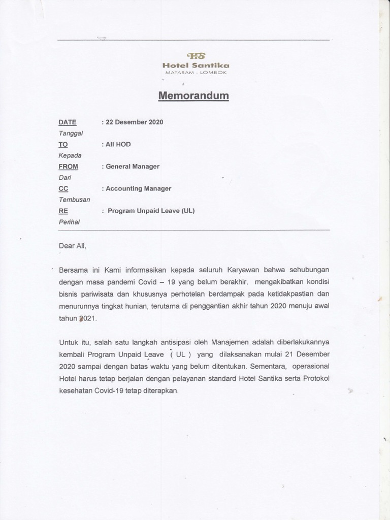 Program Cuti Tidak Dibayar di Hotel | PDF | Pengelolaan Keuangan & Uang