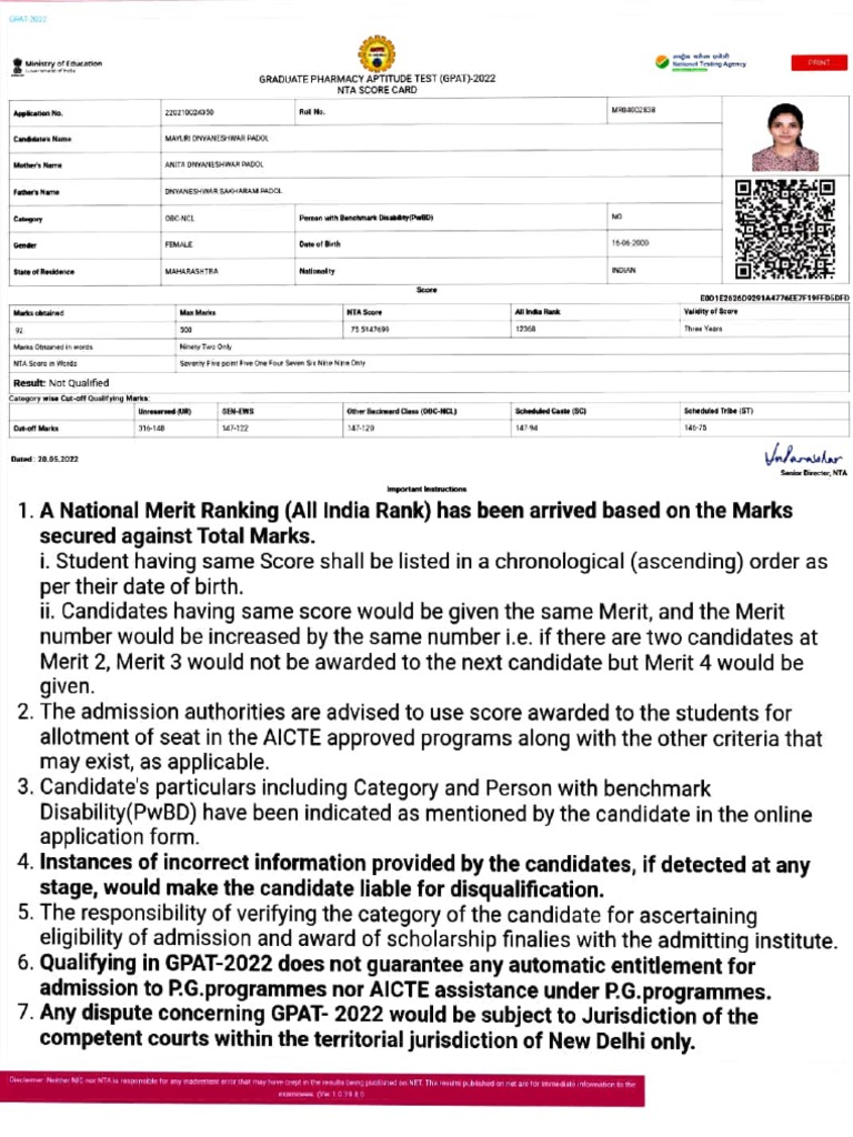 Analysis of a Graduate Pharmacy Aptitude Test (GPAT) Score Report ...