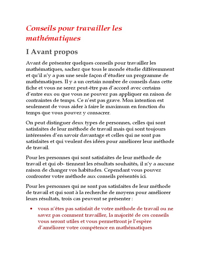 Conseils pratiques pour réussir en mathématiques | PDF | Mathématiques ...