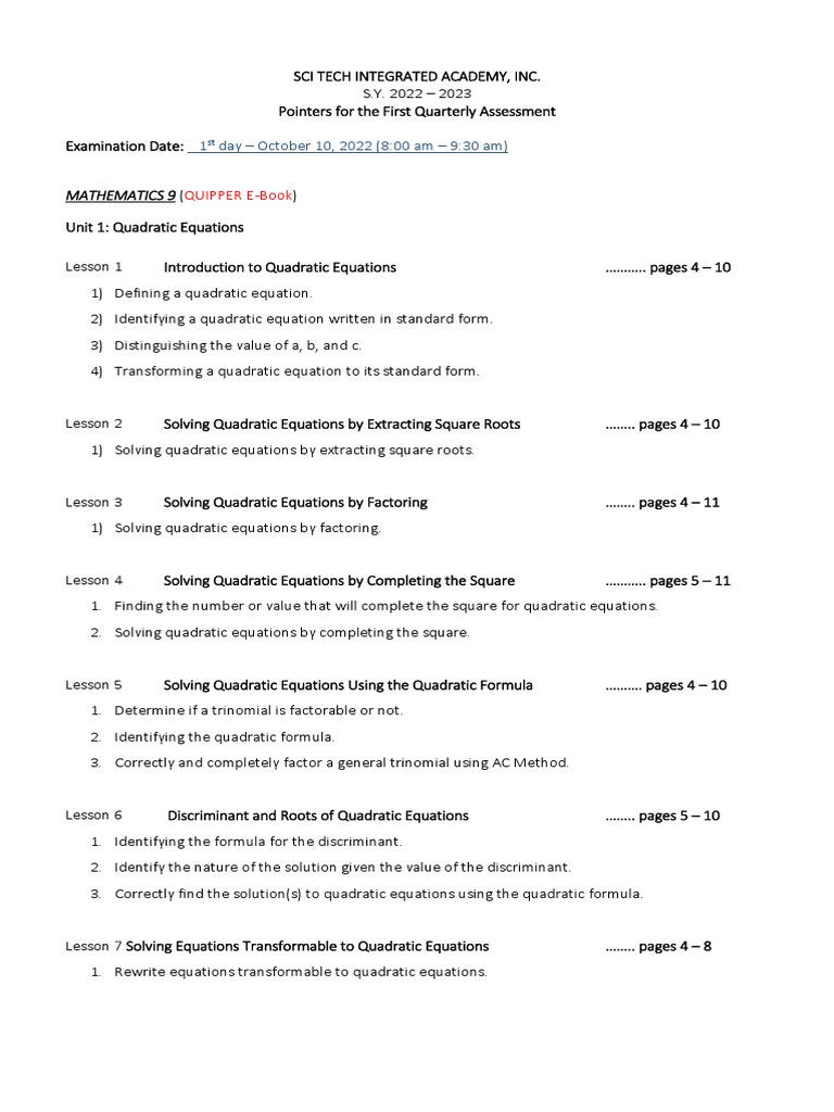 Grade 9 Pointers First Quarterly Assessment | PDF | Quadratic Equation | Equations