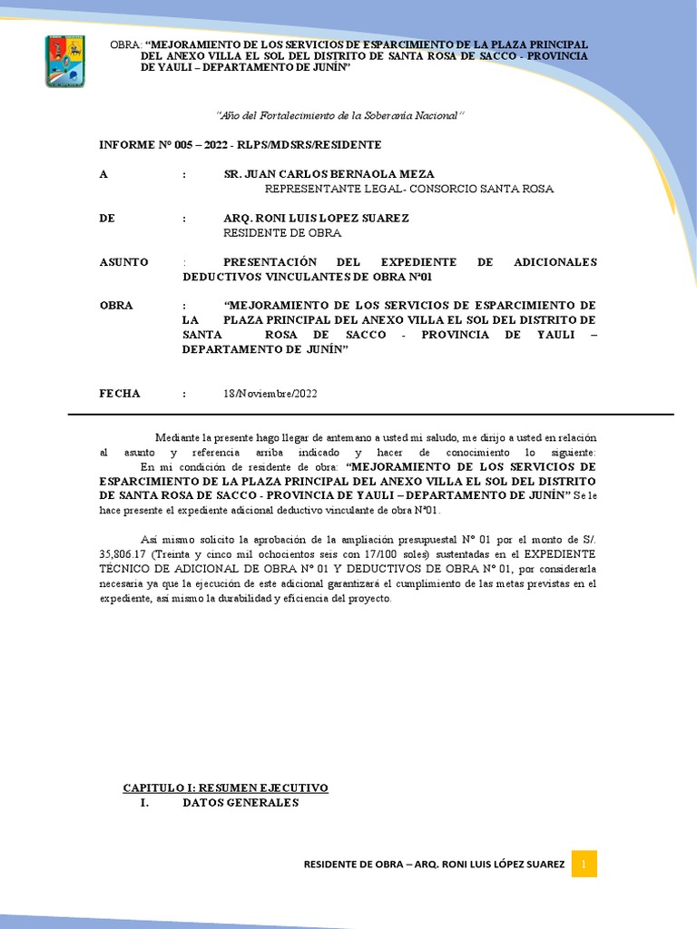 1.00 Informe Tecnico - Adicional de Obra Deductivo | PDF | Presupuesto | Regulación