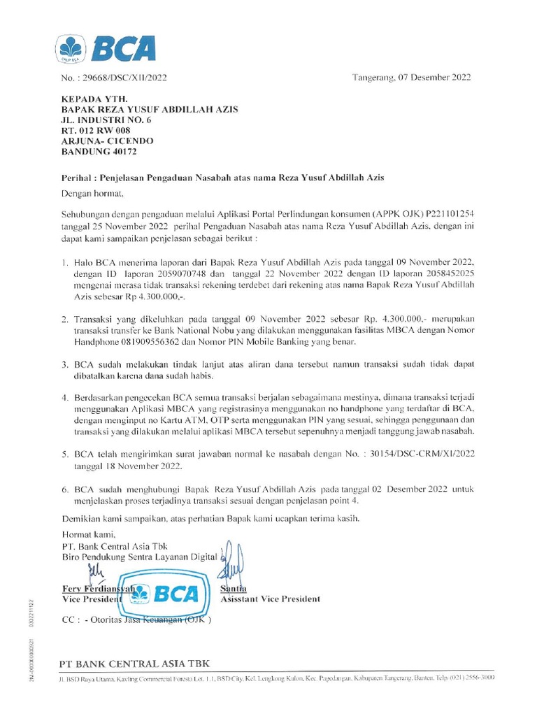 Surat Tanggapan An REZA YUSUF ABDILLAH AZIS | PDF