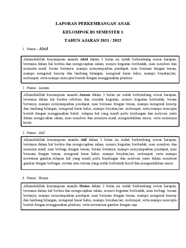 Laporan Perkembangan Anak 1 | PDF | Karier & Perkembangan | Pengembangan Diri