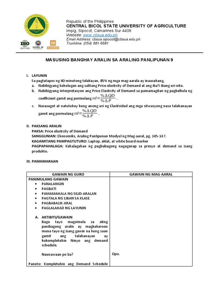 MASUSING BANGHAY ARALIN Price Elasticity of Demand | PDF