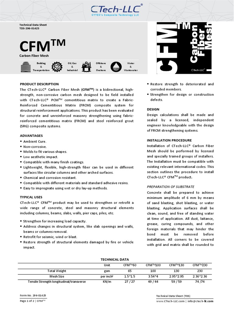 Technical Data Sheet CFM™ Carbon Fiber Mesh CTech LLC | PDF | Concrete | Composite Material