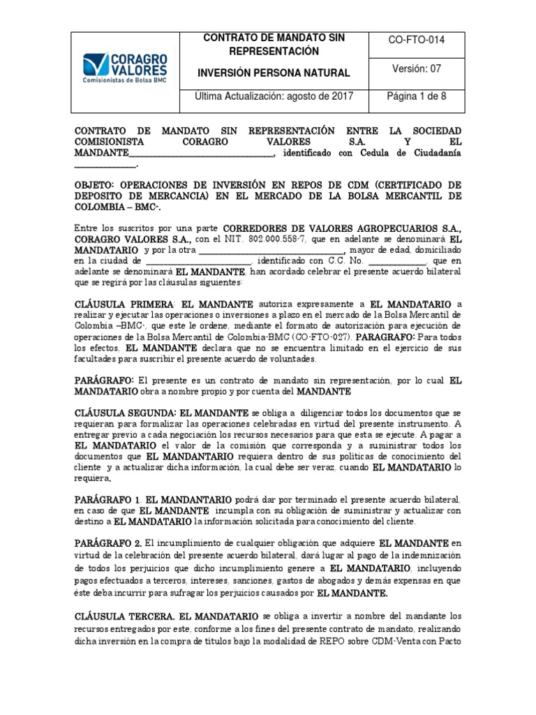 Co-Fto-014 Contrato de Mandato Inversión (Persona Natural) | PDF | Bolsa | Bienes