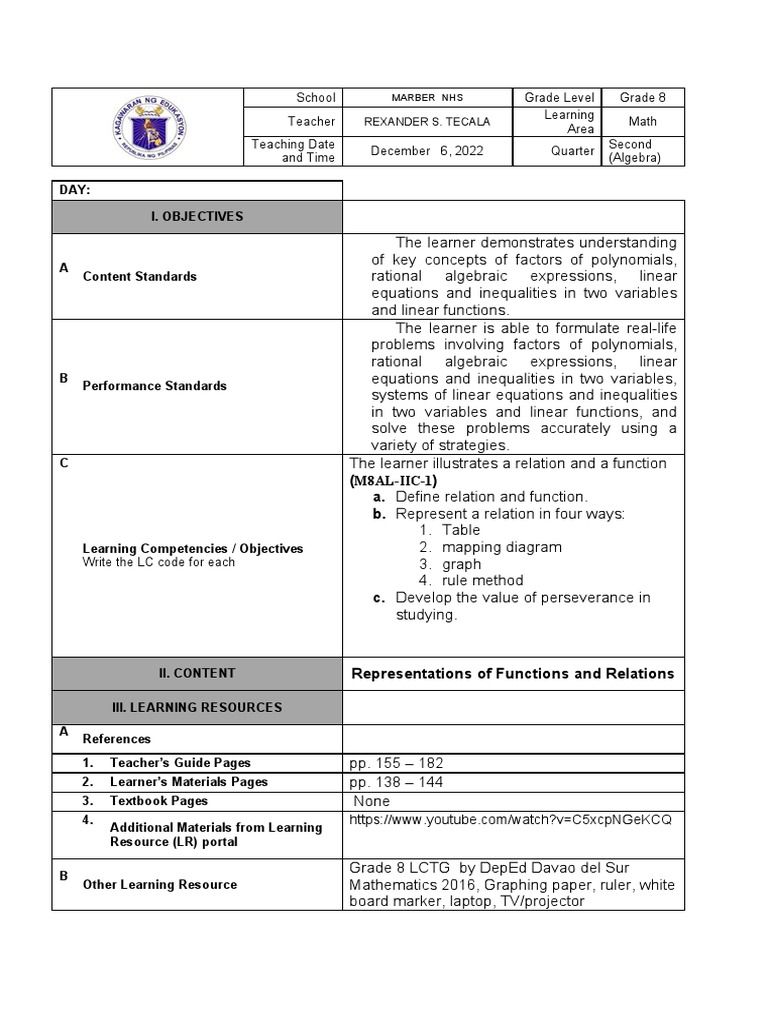 Lesson Plan In Relation And Functions Pdf Function Mathematics Variable Mathematics