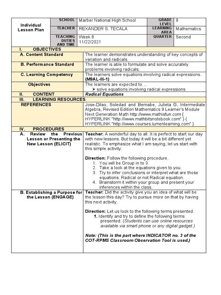 Lesson Plan in Math 9 | Download Free PDF | Equations | Mathematics