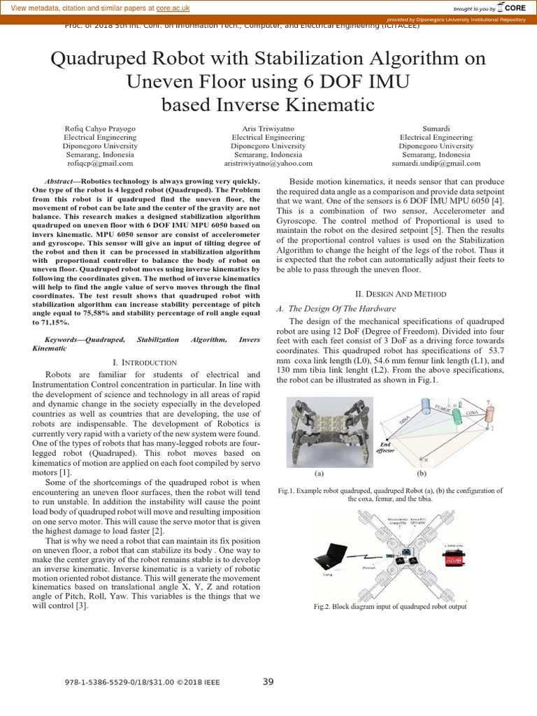 Quadruped Robot With Stabilization Algorithm On Uneven Floor Using 6 DOF IMU Based Inverse ...