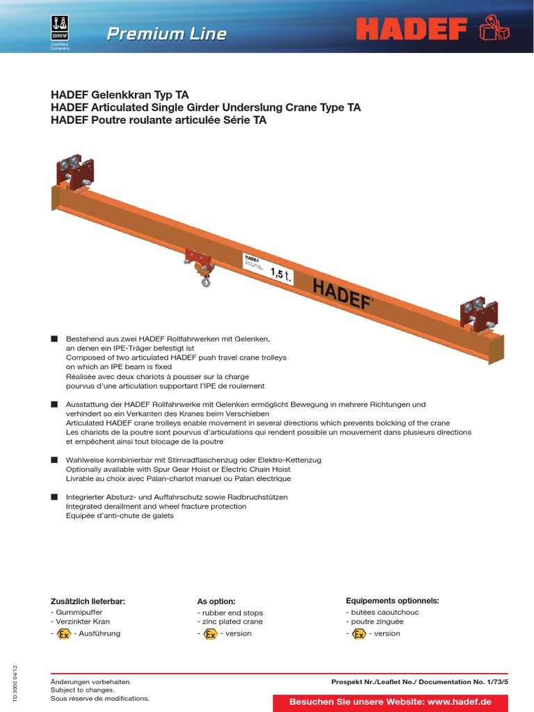 TA HADEF Data Sheet Underslung Crane | PDF