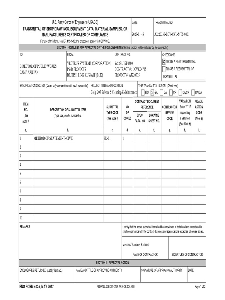 Aj220335 LCV CVL Mts 0001 Method of Statement Civil | Download Free PDF ...