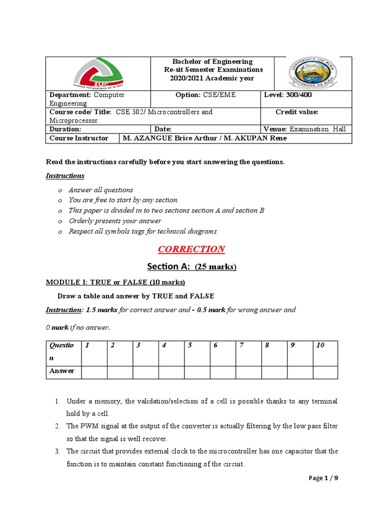 CSE Microcontrollers Exam 2020/21 | PDF | Central Processing Unit | Microcontroller
