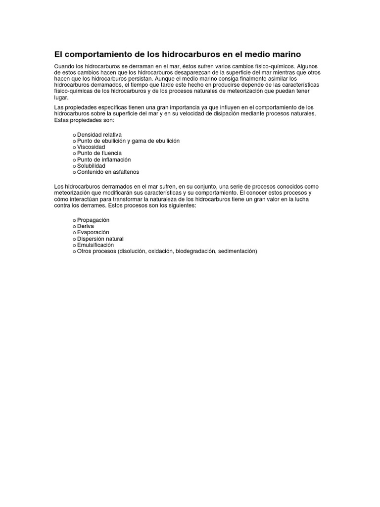 Comportamiento de hidrocarburos en el mar | PDF