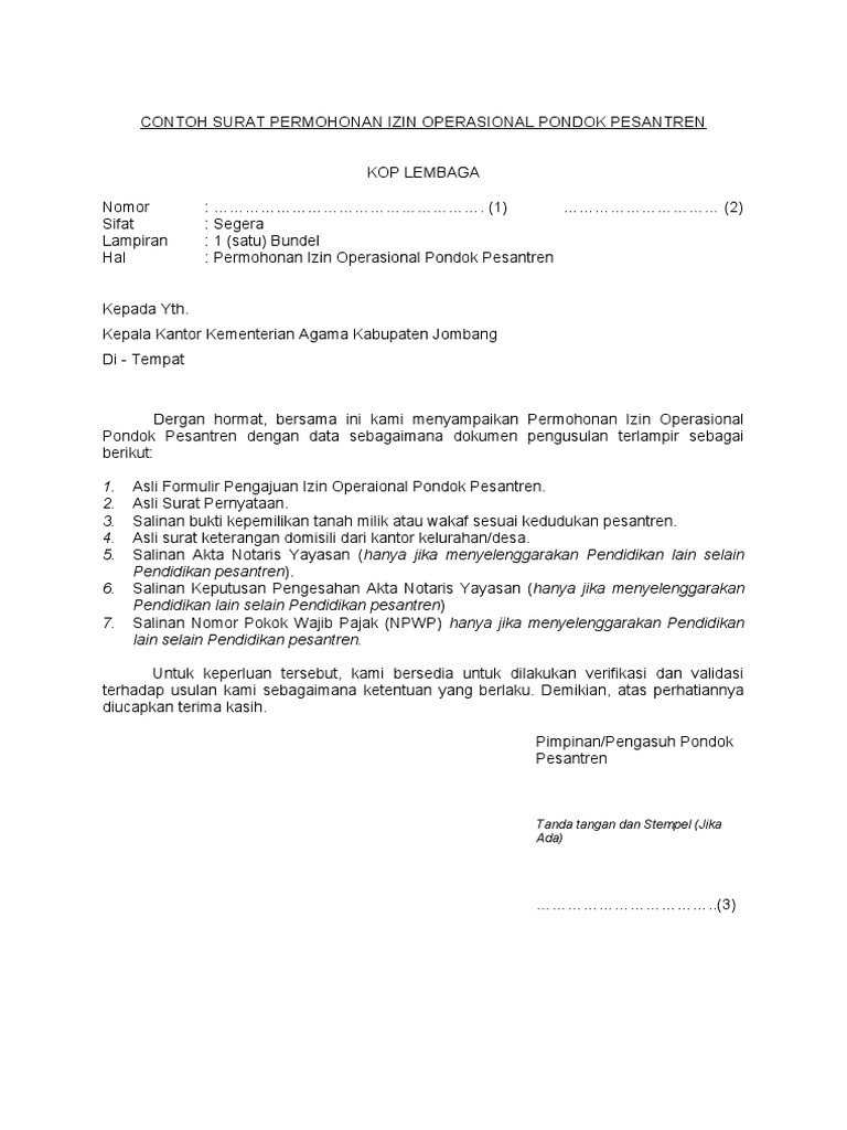 Format Surat Permohonan Izin Opersional Pesantren | PDF