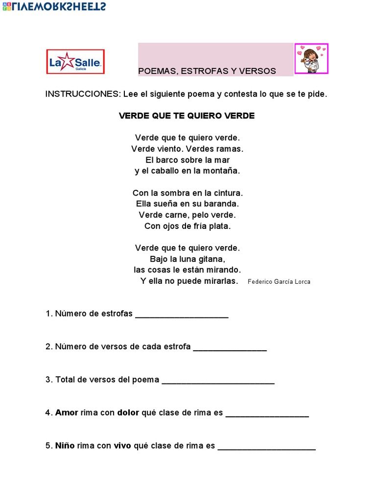 Análisis métrico y rimas del poema "Verde que te quiero verde | PDF