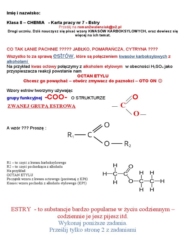 Chemia Klasa 8 Karta Pracy 7 Estry | PDF