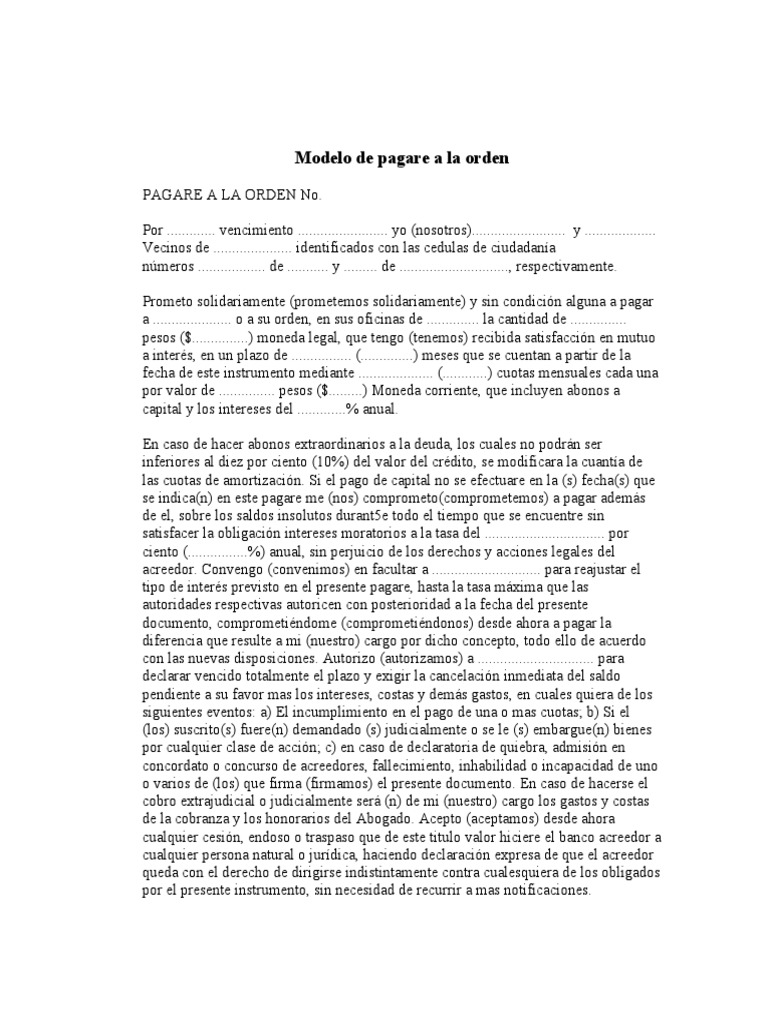 Pagaré a la Orden: Modelo y Condiciones | PDF | Pagos | Interés