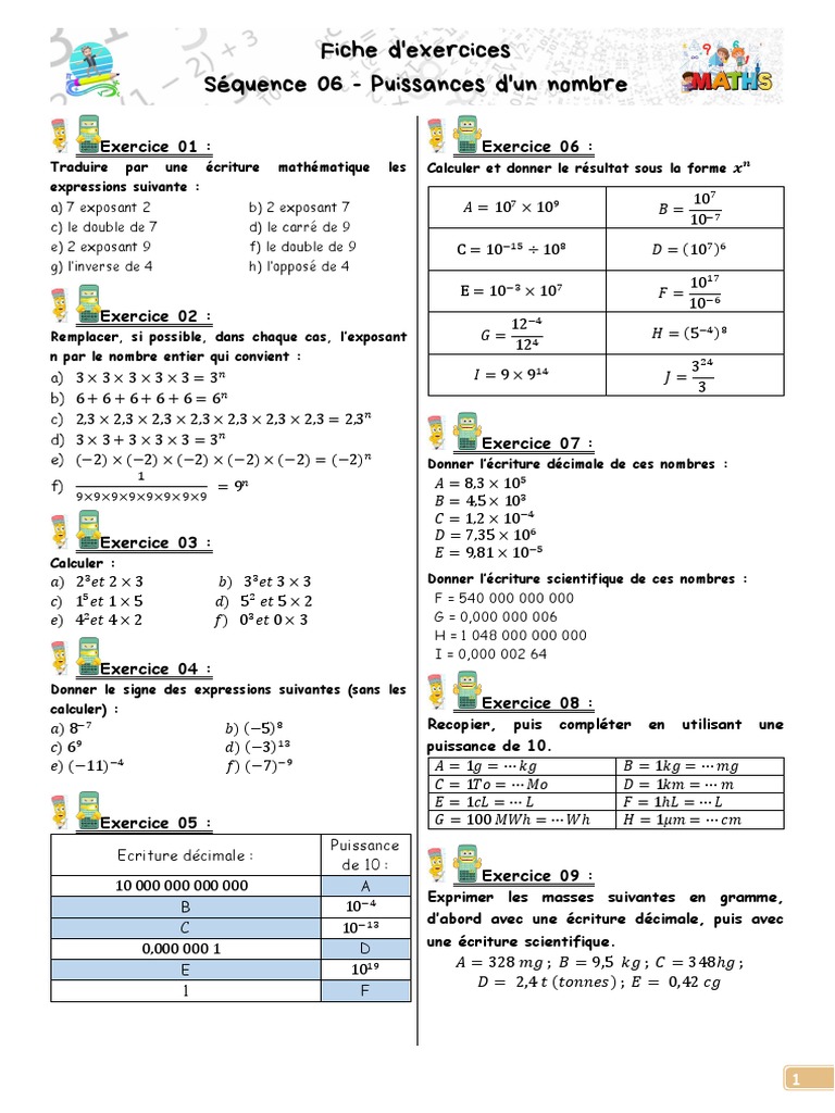 Fiche Exercices - Séquece 06 - Puissances | PDF