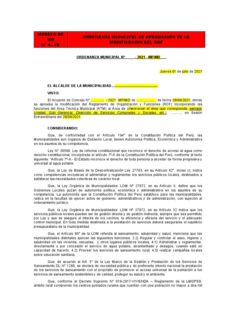 Modelo Ordenanza Municipal Aprobando La Modificacion Del ROF-FINAL | PDF | Gobierno local ...