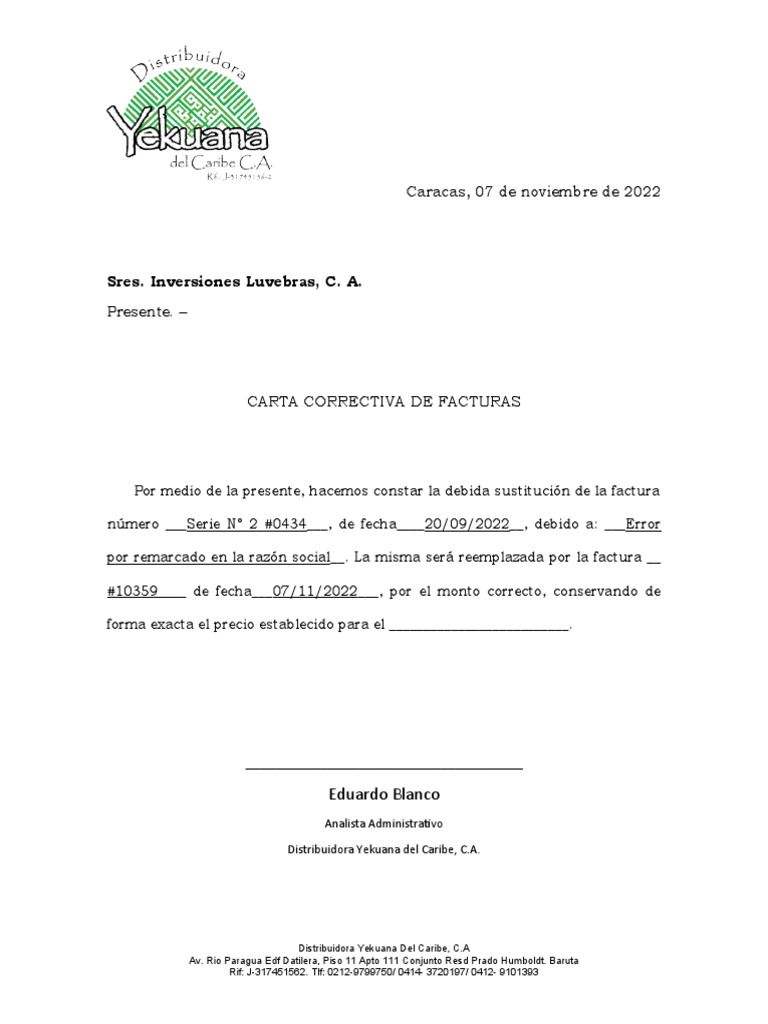 Carta Correctiva de Factura | PDF