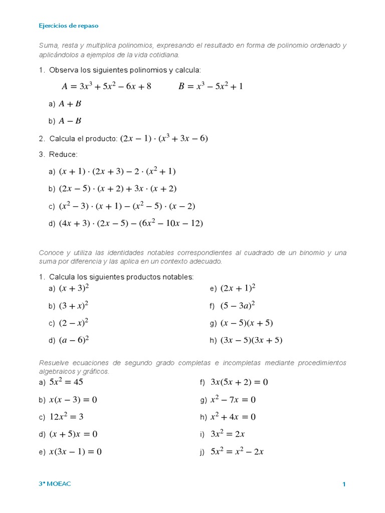 Ejercicios de Repaso Polinomios | PDF | Ecuaciones | Matemática Elemental