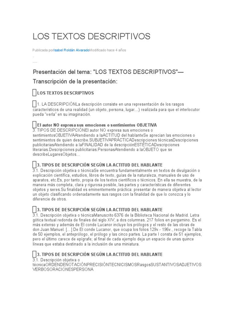 Los Textos Descriptivos | PDF | Artes del Lenguaje y Comunicación ...