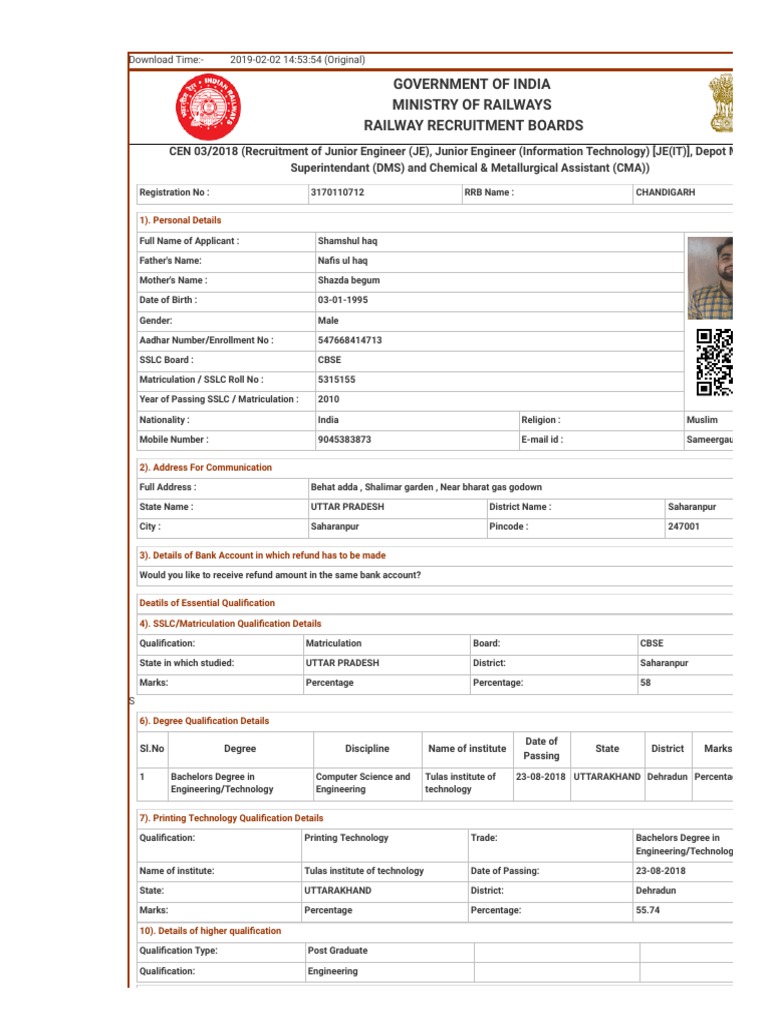 Application Details - Railway Recruitment Board | PDF