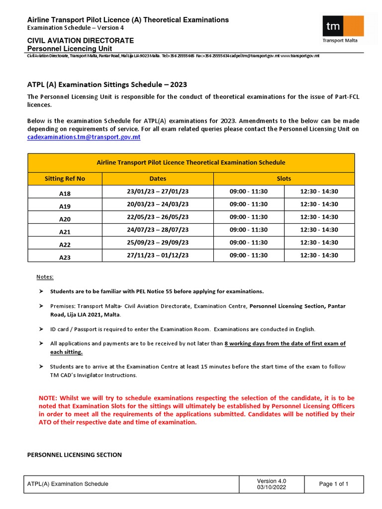 Examination Schedule ATPL (A) 2023 | PDF