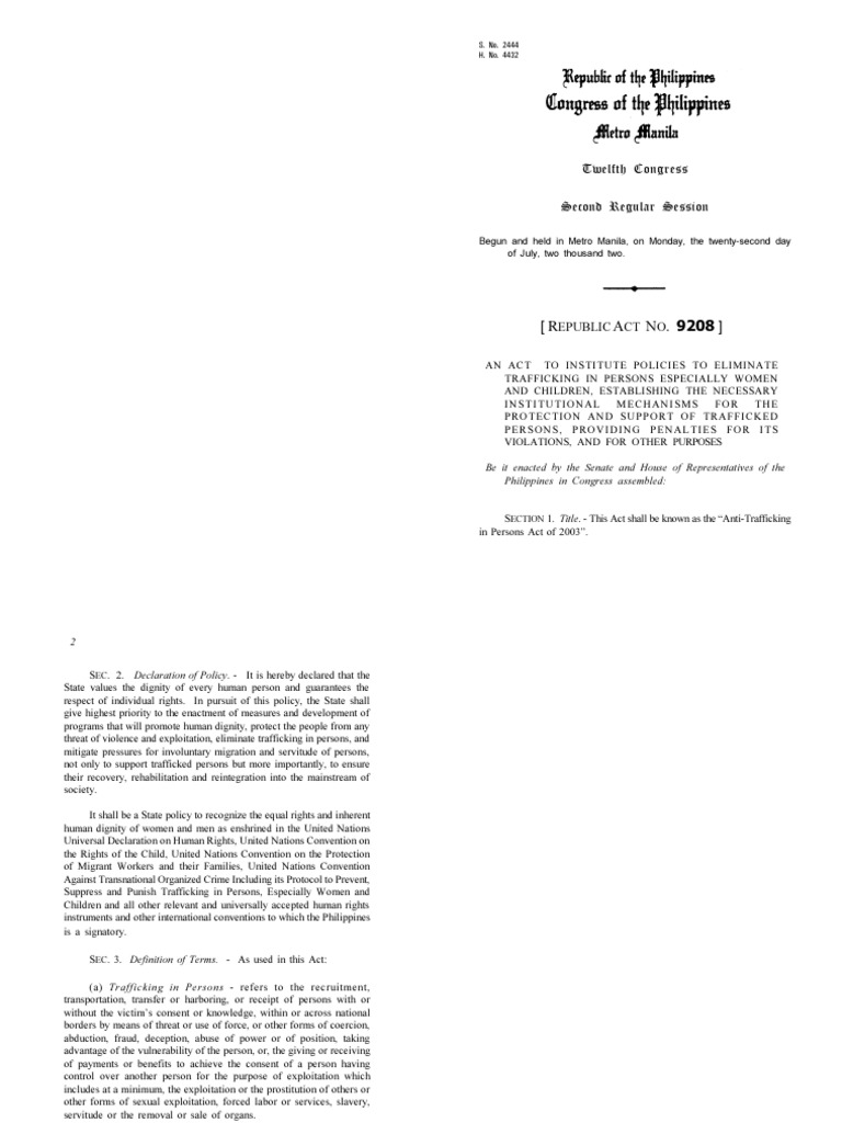RA - 9208 - Anti Trafficking in Persons Act of 2003 | PDF | Sexual ...