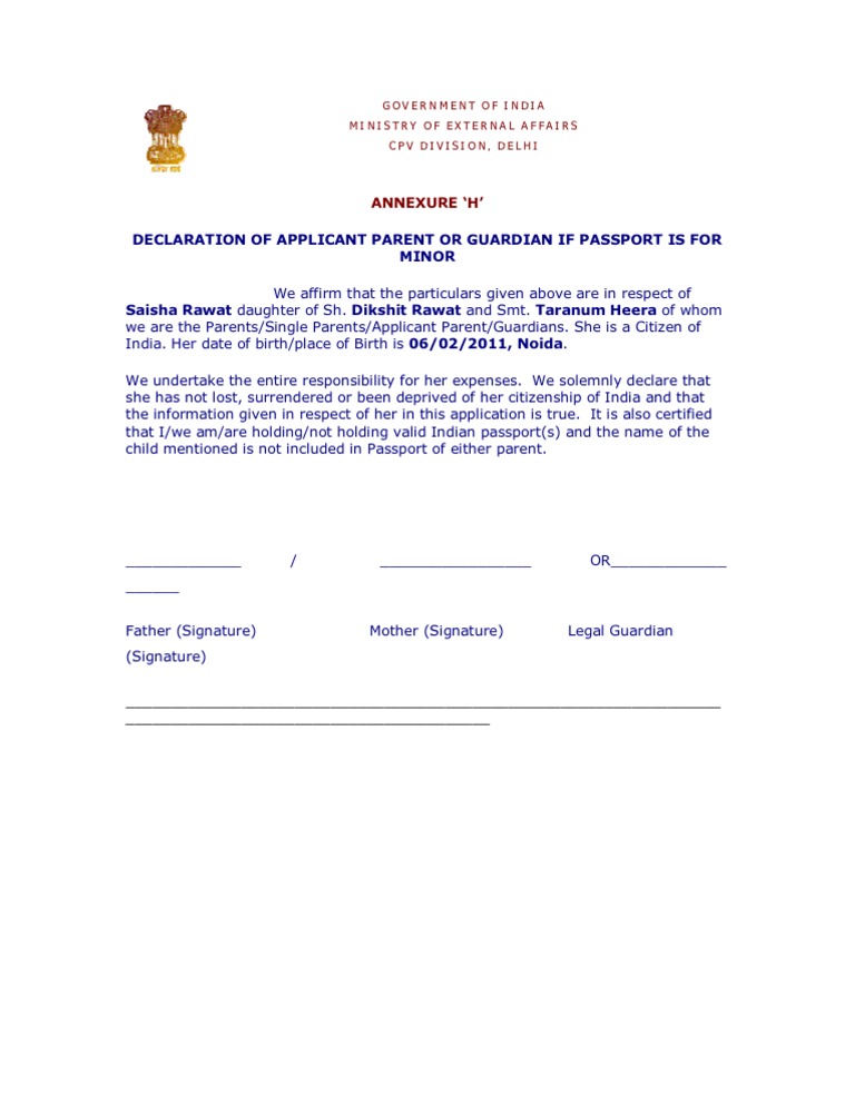 Annexure - H - Declaration For Minor | PDF | Immigration Law | Government