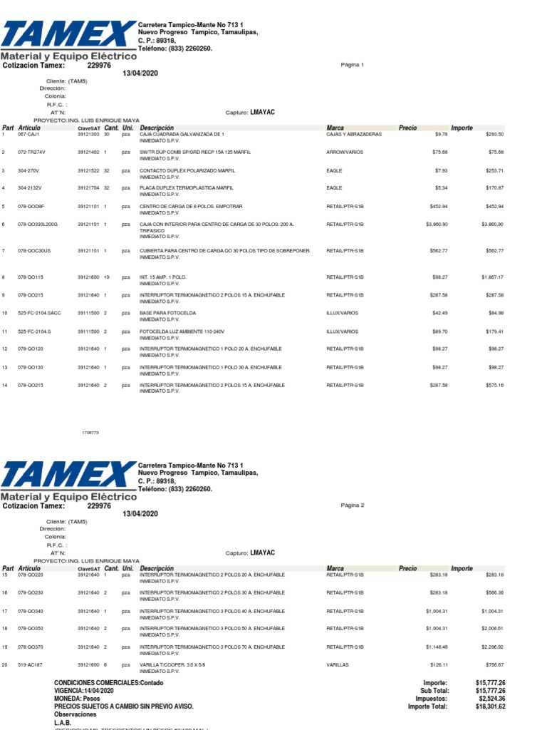 Cotizacion Tamex 229976 | PDF | Bancario | Bancos