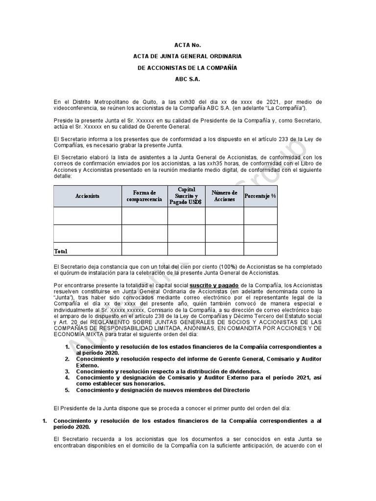 Modelo De Acta De Junta Directiva Cementos