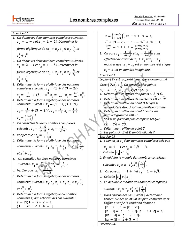 2bac PC SVT Série 05 Nombres Complexes | PDF | Nombre complexe | Angle