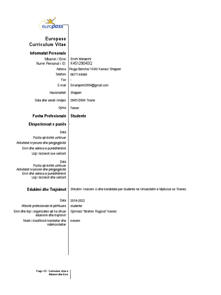 CV Europas Shqip | PDF