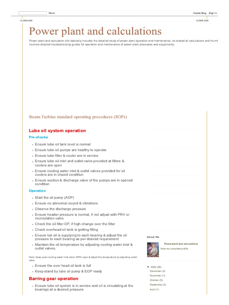 Power Plant and Calculations - Steam Turbine Standard Operating ...
