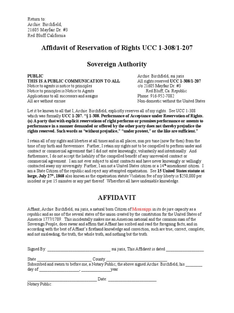 Affidavit of Reservation of Rights | PDF | Affidavit | Justice