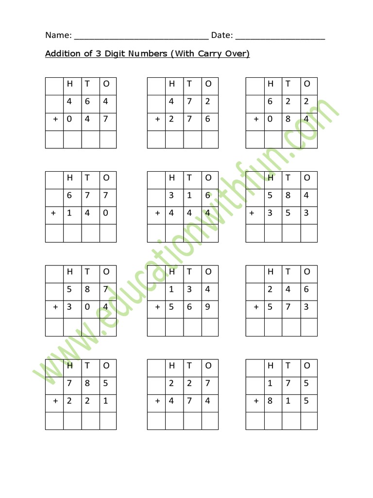 Add 3 Digit Numbers with Carry Over Worksheet | PDF