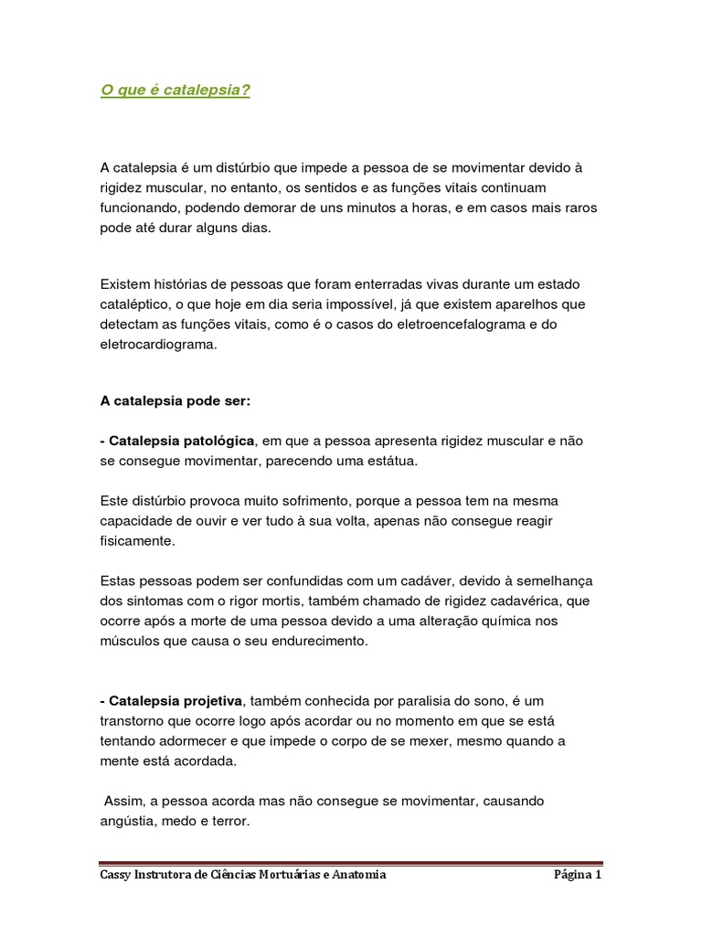 O Que É Catalepsia | PDF | Doenças e distúrbios humanos | Causas de morte