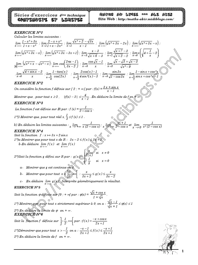 Série D'exercices - Math - Continuité Et Limite - Bac Technique | PDF | Zéro d'une fonction ...