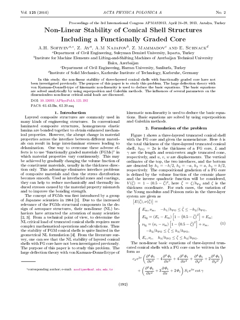 Non-Linear Stability of Conical Shell Structures Including A Functionally Graded Core | PDF ...