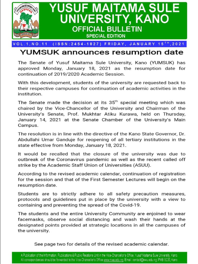 Yumsuk Kano, Nigeria Resumption Date 2023 | PDF