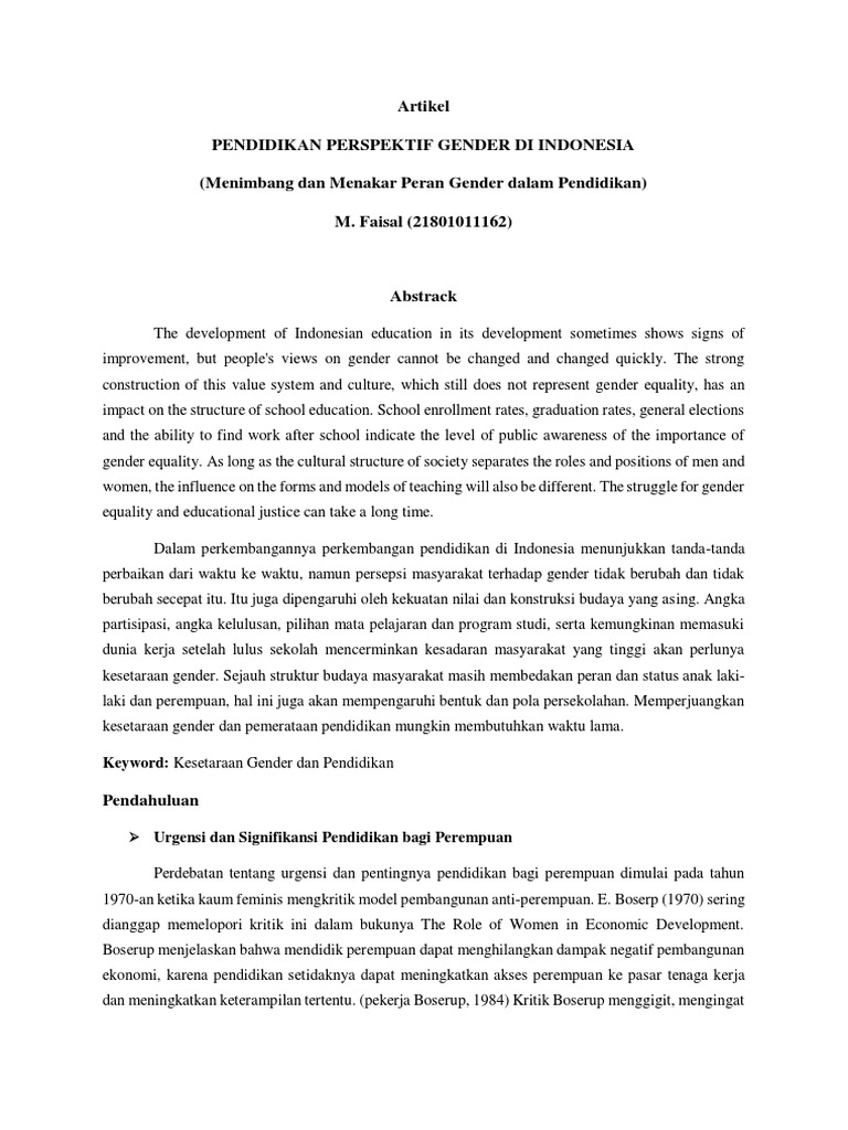M. Faisal 21801011162 Kesetaraan Gender Dalam Pendidikan Di Indonesia | PDF