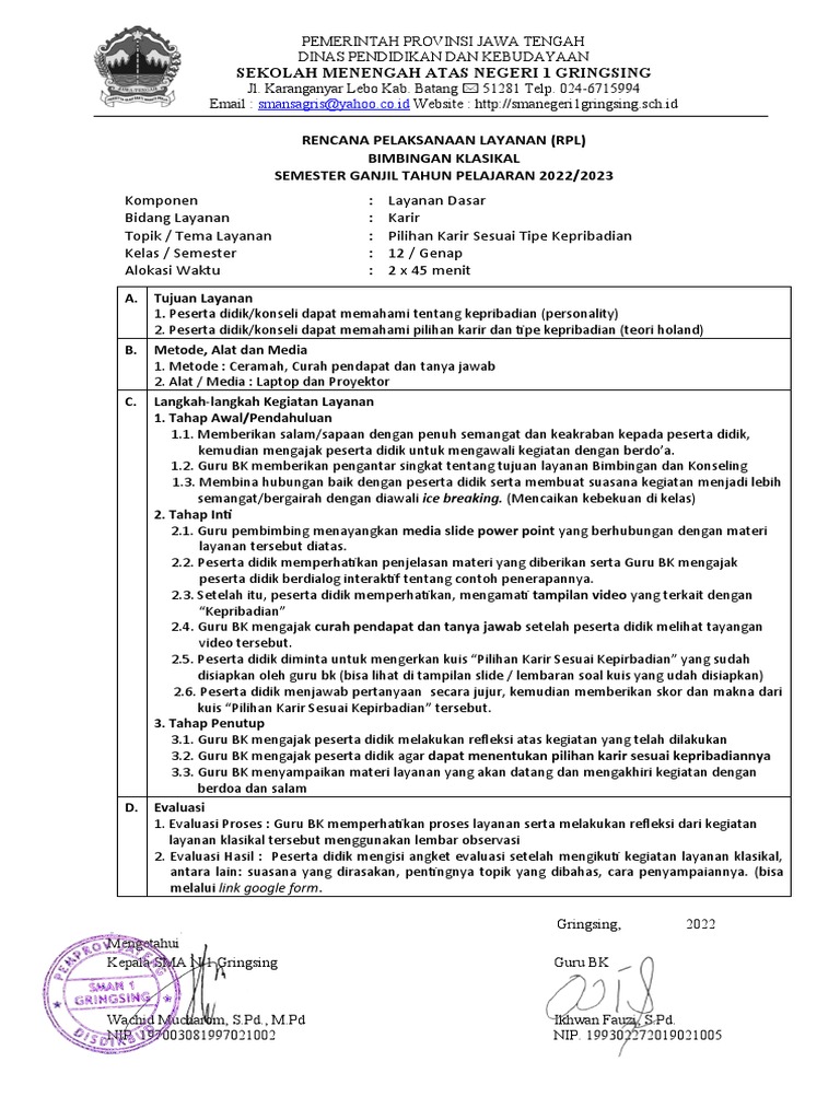 RPL Dan Materi BK - Pilihan Karir Yang Sesuai Tipe Kepribadian | PDF