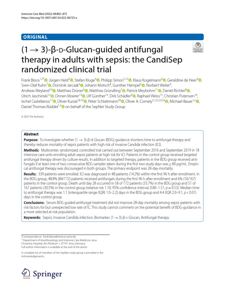 (1 → 3) -Β - Glucan-Guided Antifungal Therapy In Adults With Sepsis ...