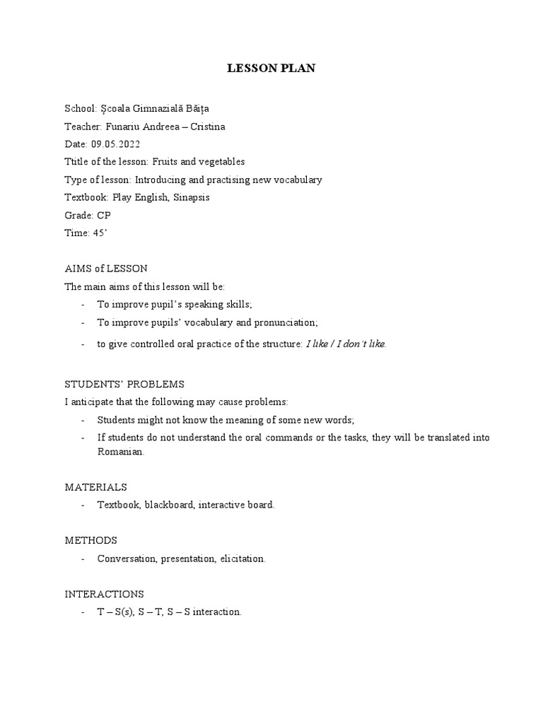LESSON PLAN Fruits and Vegetables CP | PDF | Fruit | Lesson Plan