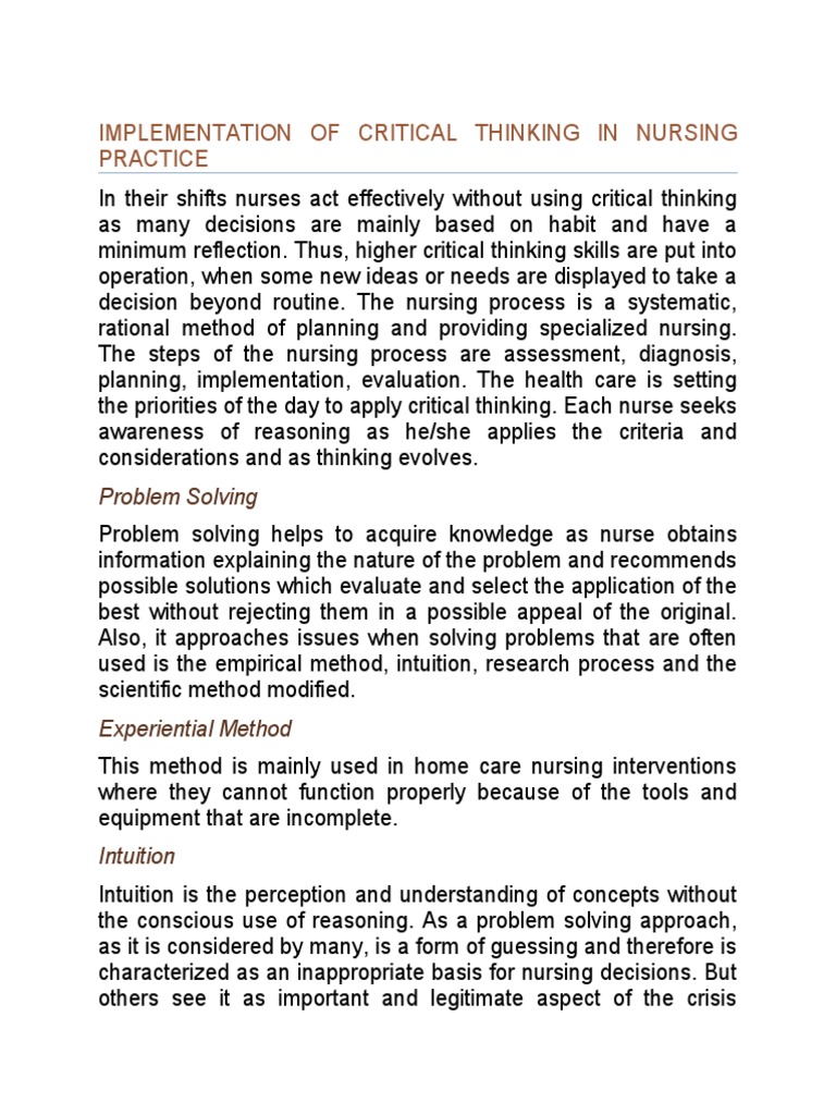 Critical Thinking in Nursing Practice | PDF | Critical Thinking | Nursing
