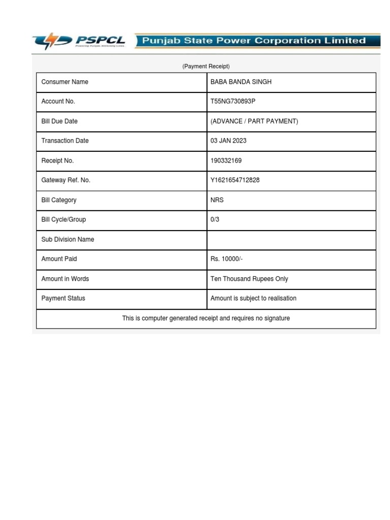 PSPCL Receipt For Ac T55NG730893P Txnid INT2301033958728 | PDF