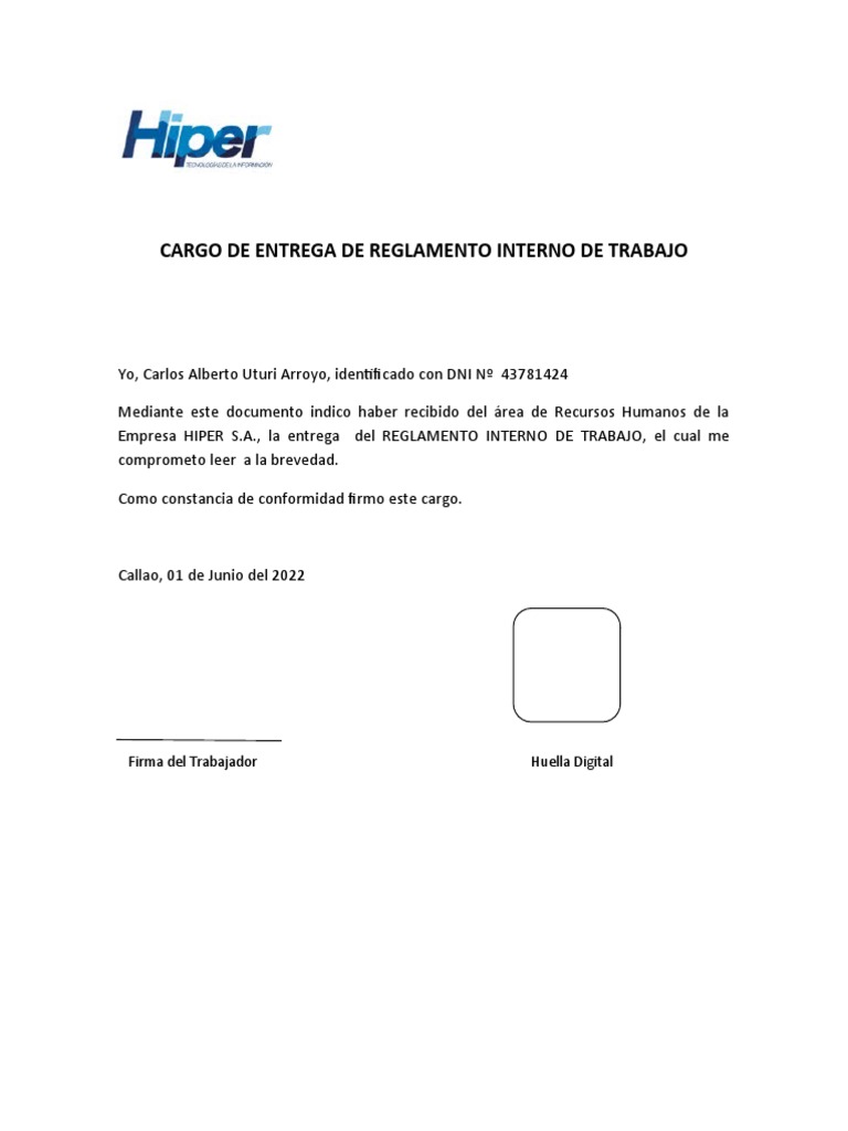 Cargo de Entrega - Reglamento Interno de Trabajo | PDF Cargo de Entrega - Reglamento Interno de Trabajo | PDF