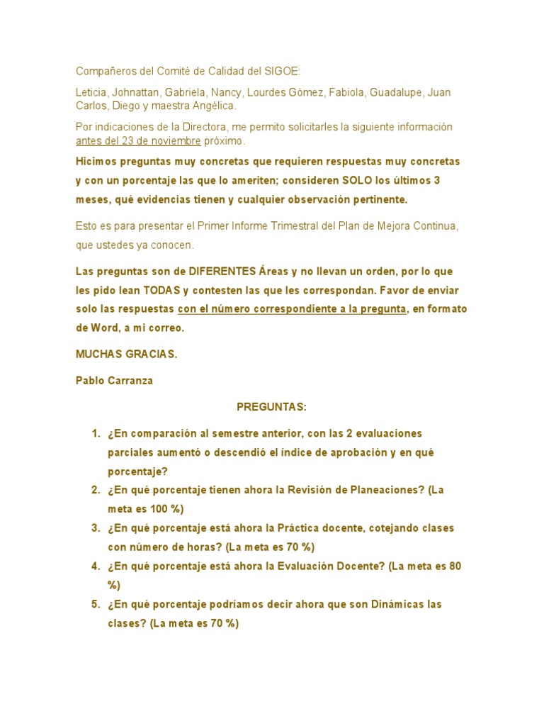 Cuestionario para Primer Informe Del PMC Noviembre 2022 | PDF