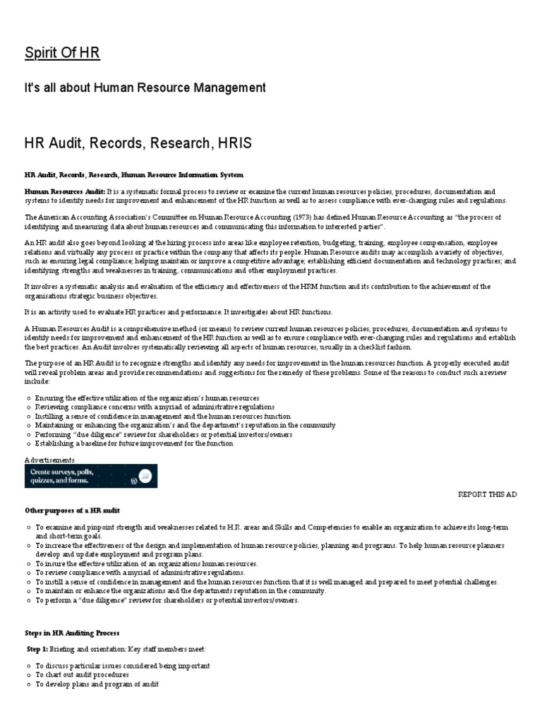 HR Audit, Records, Research, HRIS - Spirit of HR | PDF | Human Resource ...